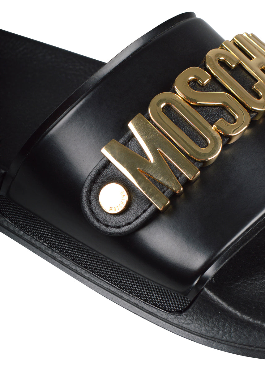 Moschino - Pool Sliders Heavy Metal MOSCHINO Gold Lettering on strap ...